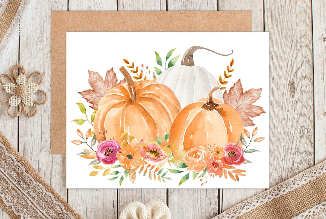 Watercolor Fall Pumpkins Card, Fall Cards, Autumn Fall Pumpkin Harvest ...