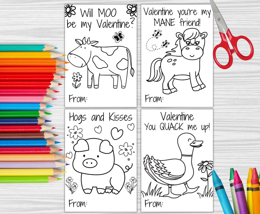 Farm Animal Coloring Valentine's Day Cards, Printable Valentine's Day ...