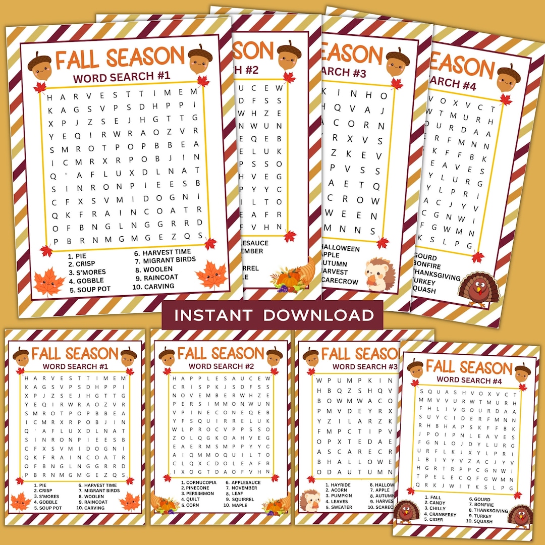 Fall Season Word Search Game Set, Thanksgiving Word Search Game, Autumn ...