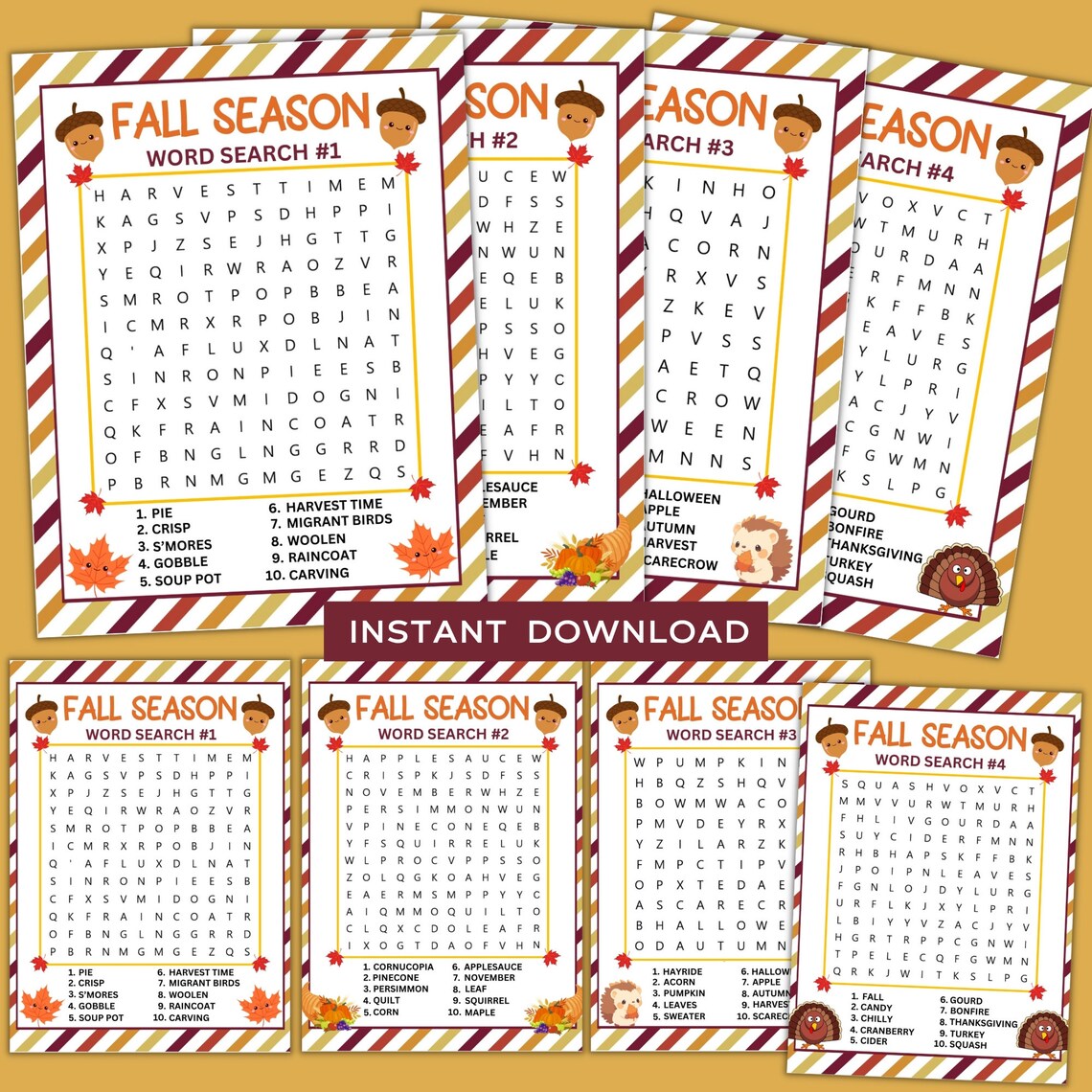 Fall Season Word Search Game Set, Thanksgiving Word Search Game, Autumn ...