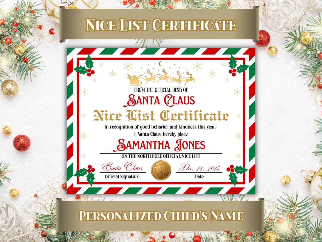 Personalized Santa Claus Nice List Certificate - From the Official Desk ...