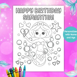 Personalized Mermaid Birthday Coloring Pages: Kids Party Activity ...