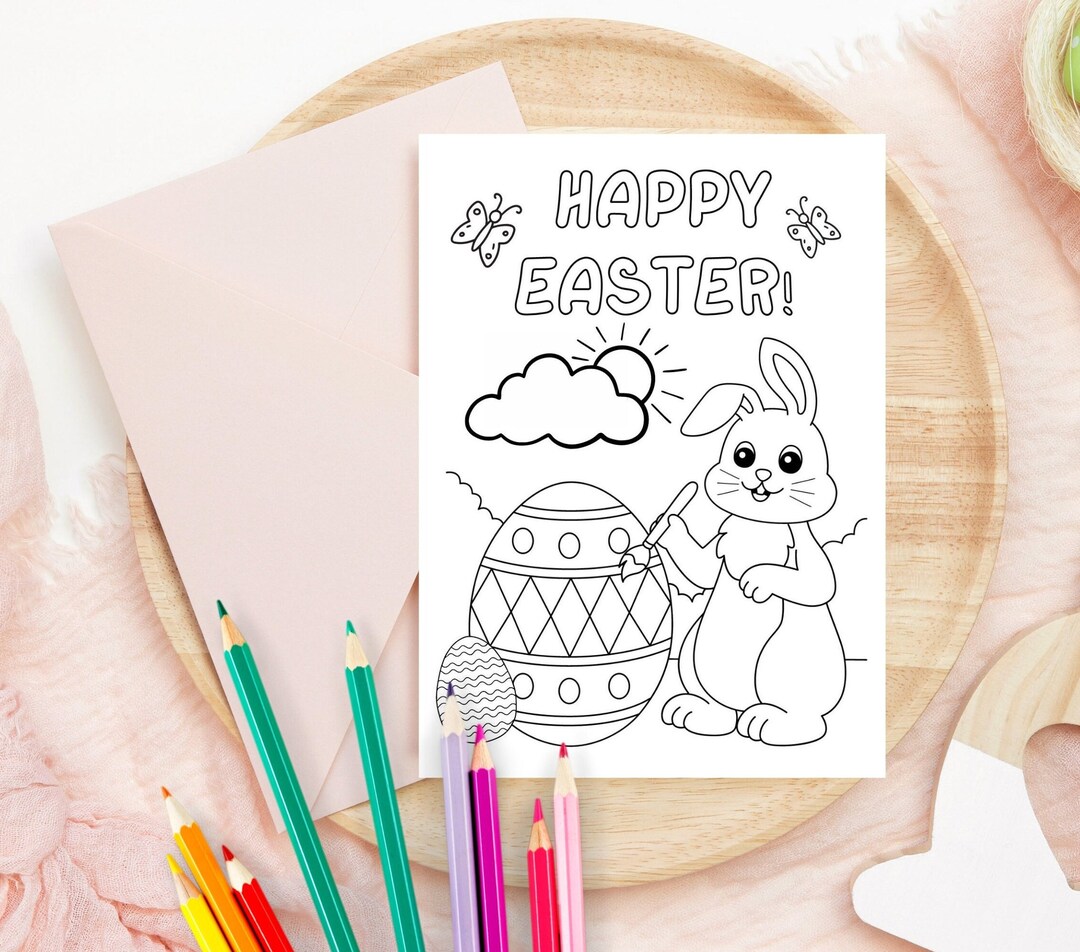 Happy Easter Coloring Card Printable, Kids Easter Bunny Card, DIY ...