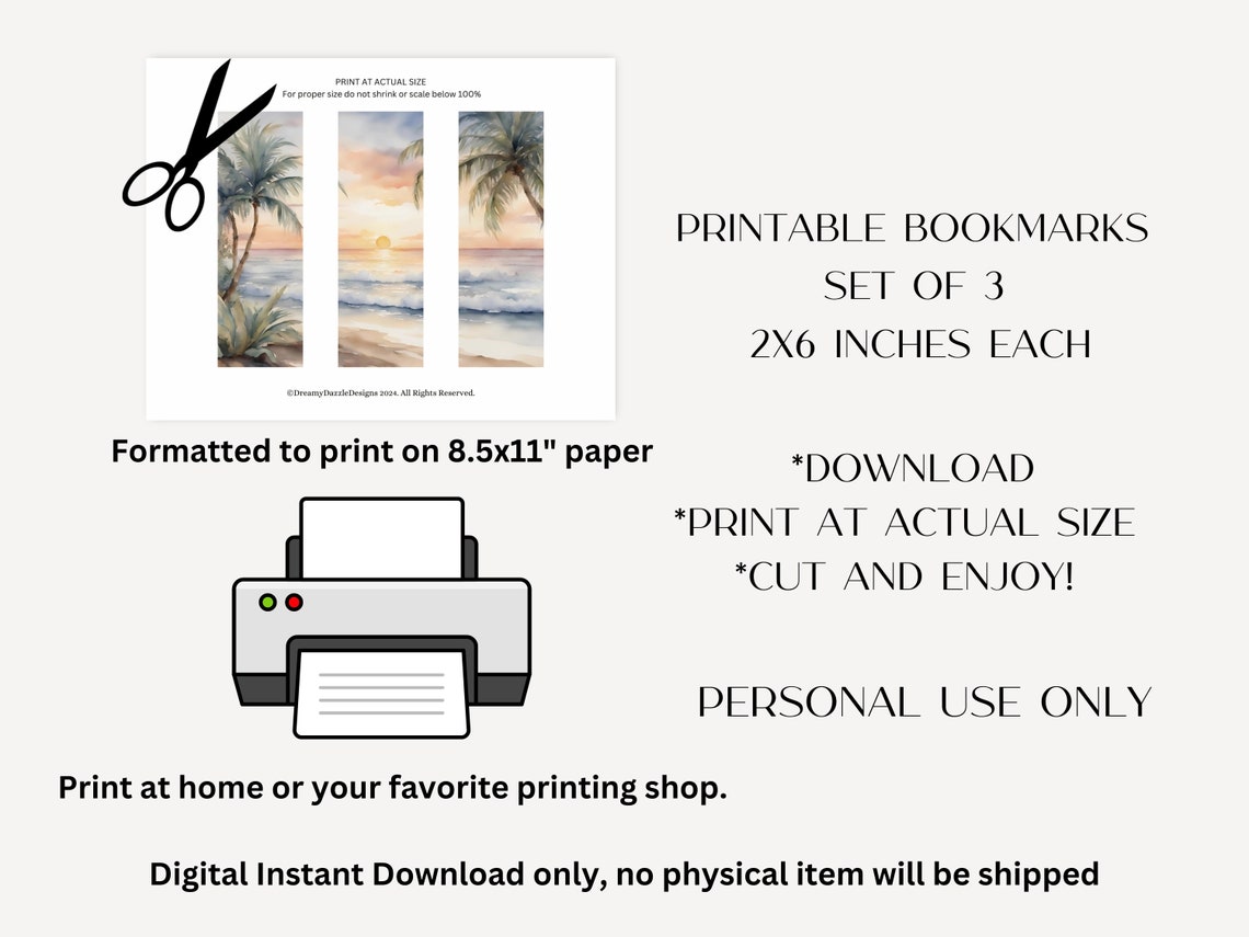 Tropical Ocean Sunset Bookmarks Set of 3, Printable Watercolor Beach ...