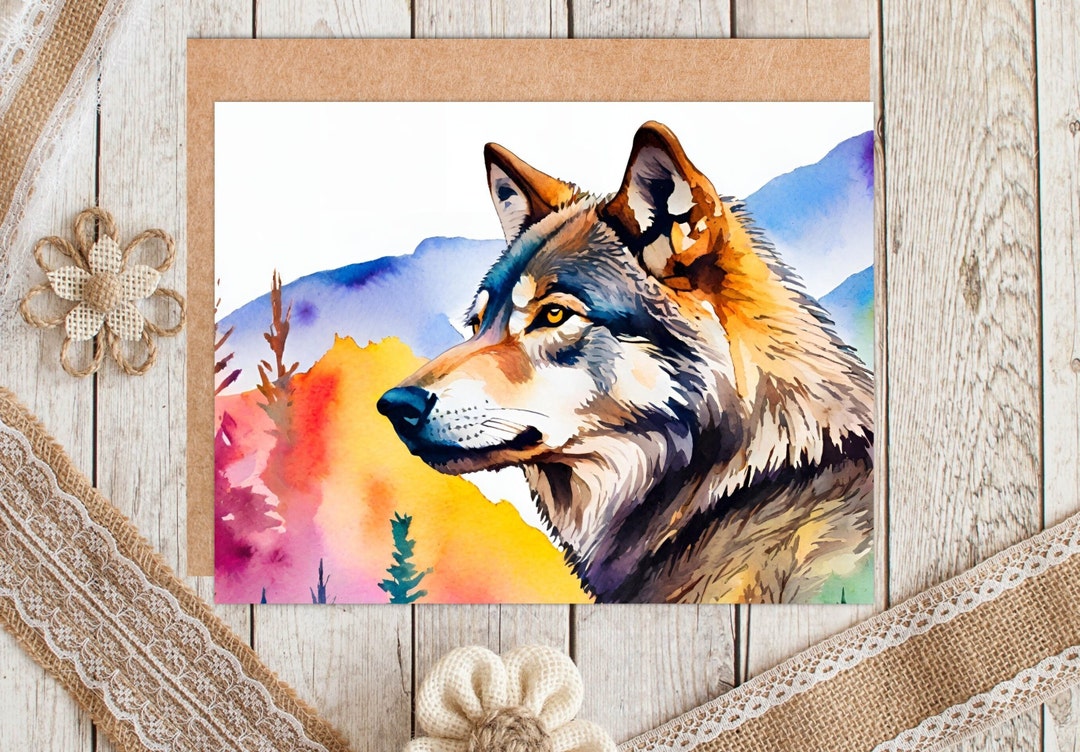 Watercolor Wolf Card, Mountain Wolf Card, Wildlife Cards, Birthday Card ...