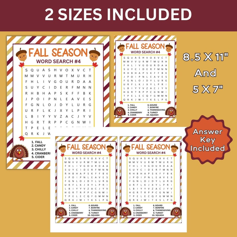 Fall Season Word Search Game Set, Thanksgiving Word Search Game, Autumn ...