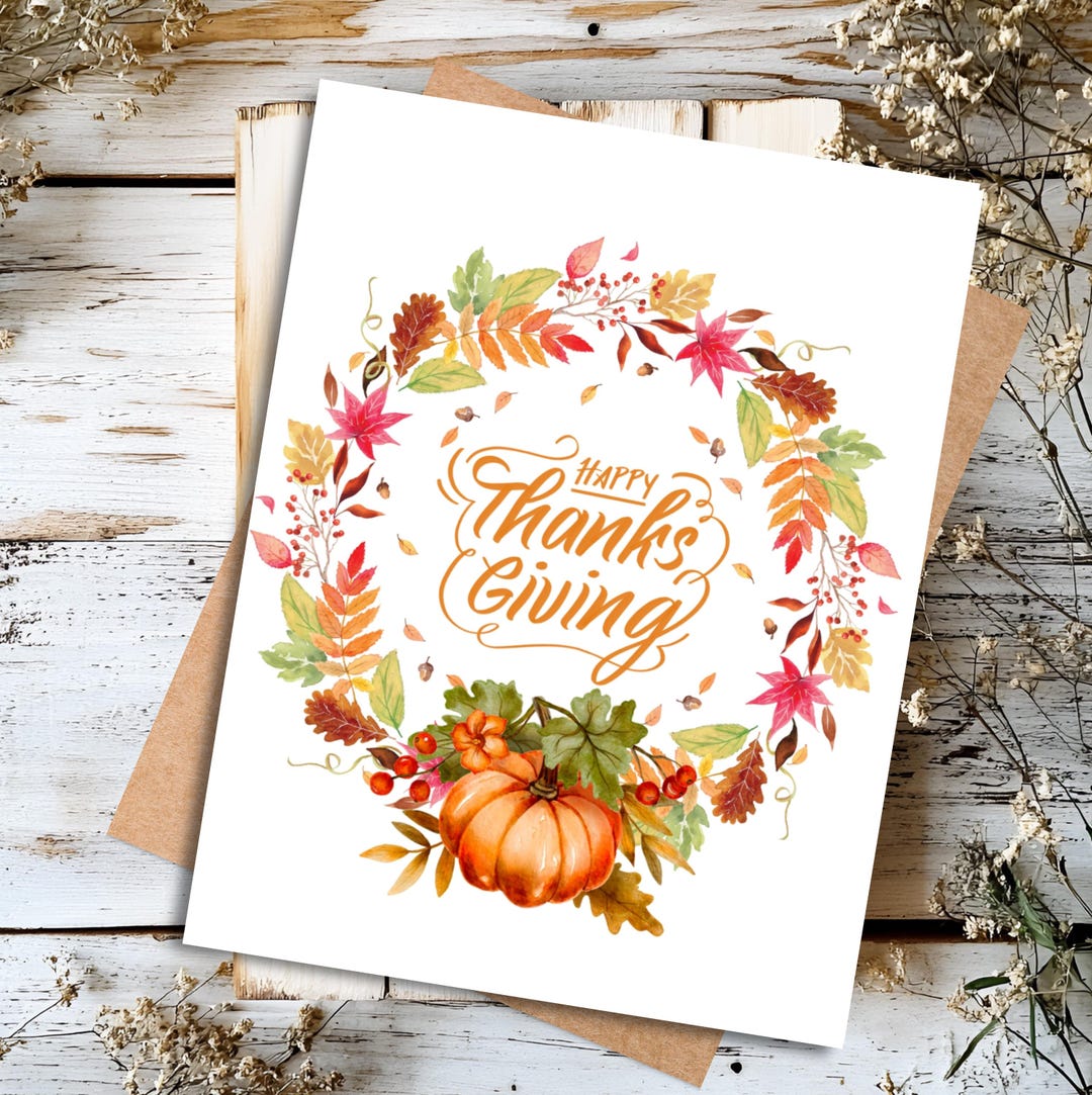 Watercolor Thanksgiving Card, Autumn Pumpkin Wreath Card, Rustic ...