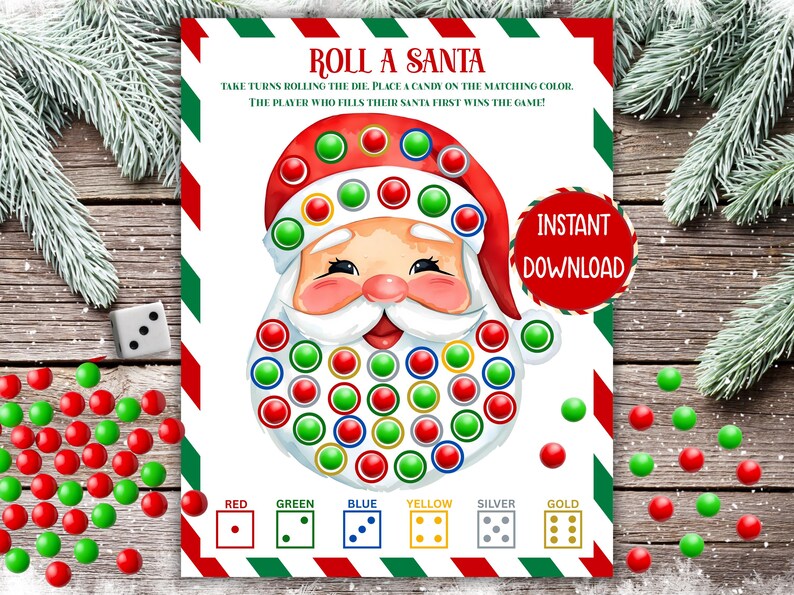 Roll a Santa Christmas Game Printable for Kids, Christmas Party Game ...