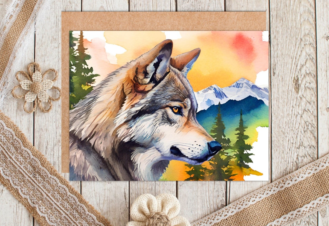 Watercolor Wolf Card, Mountain Wolf Card, Wildlife Cards, Father's Day ...