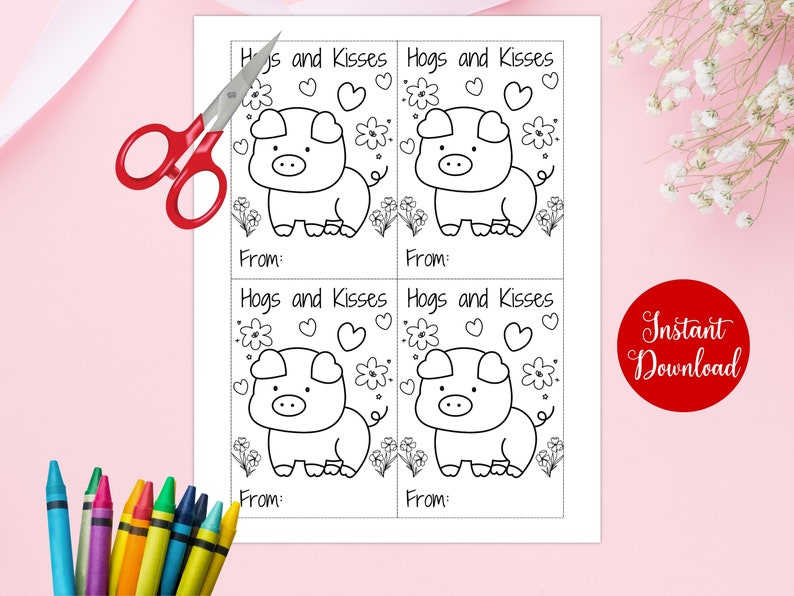 Valentine Coloring Cards, Pig Valentine's Day Cards, Printable ...