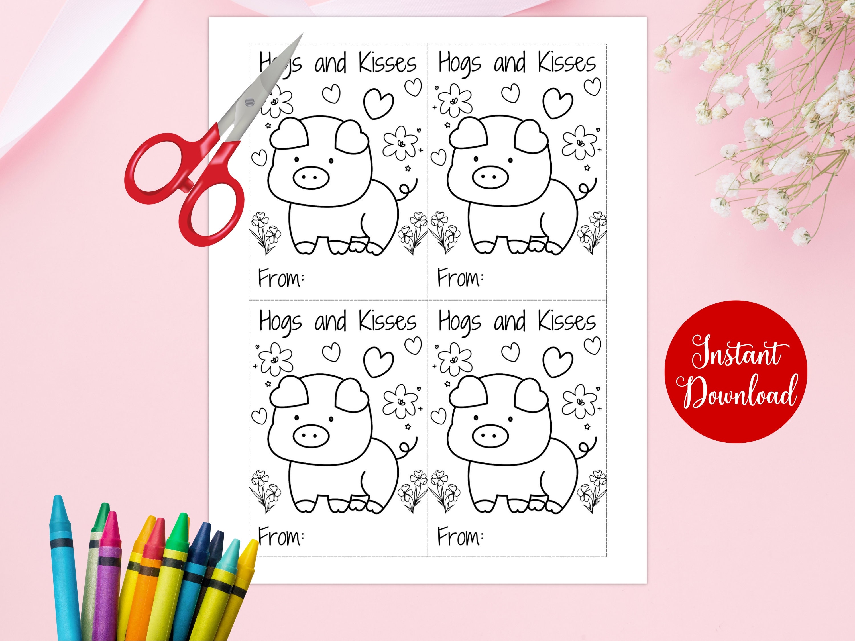 Valentine Coloring Cards, Pig Valentine's Day Cards, Printable ...