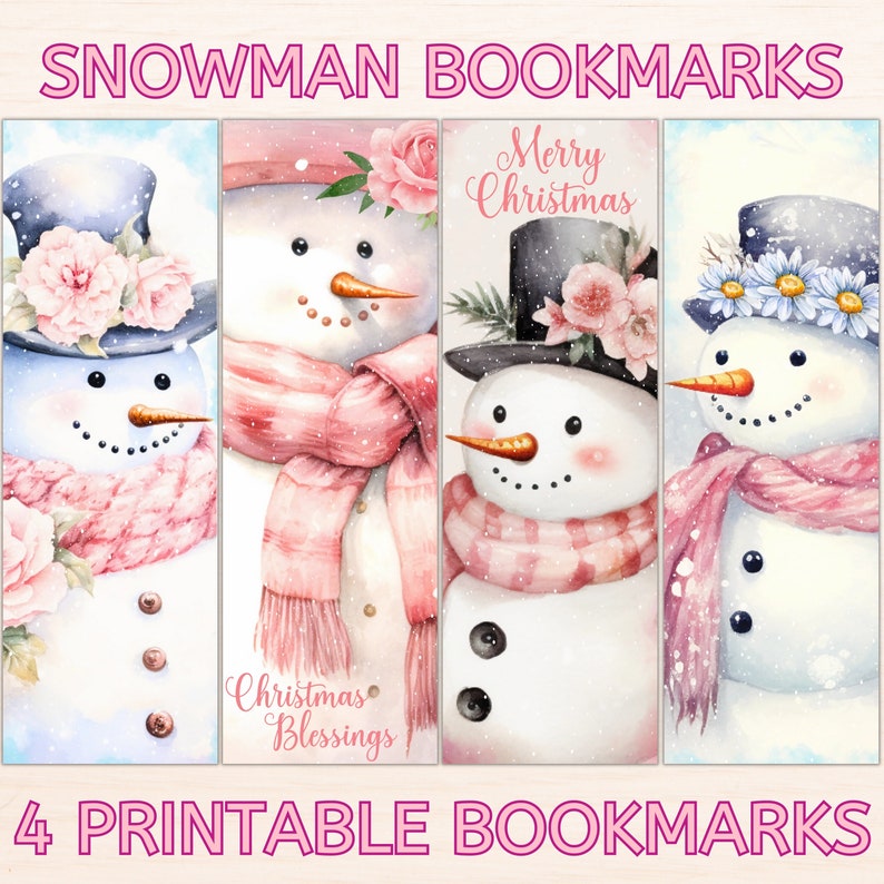 Printable Snowman Bookmarks Set of 4, Pink Christmas Bookmarks, Kids ...