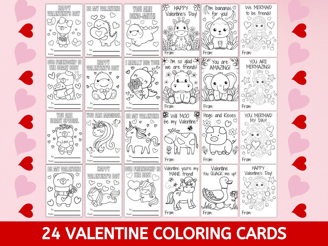 Valentine Coloring Cards, Printable Valentine's Day Coloring Cards ...