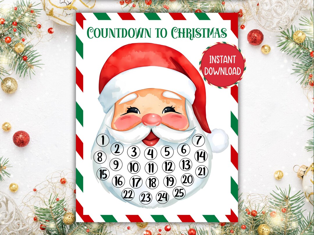 Santa Countdown to Christmas Calendar for Kids, Printable Santa's Beard ...