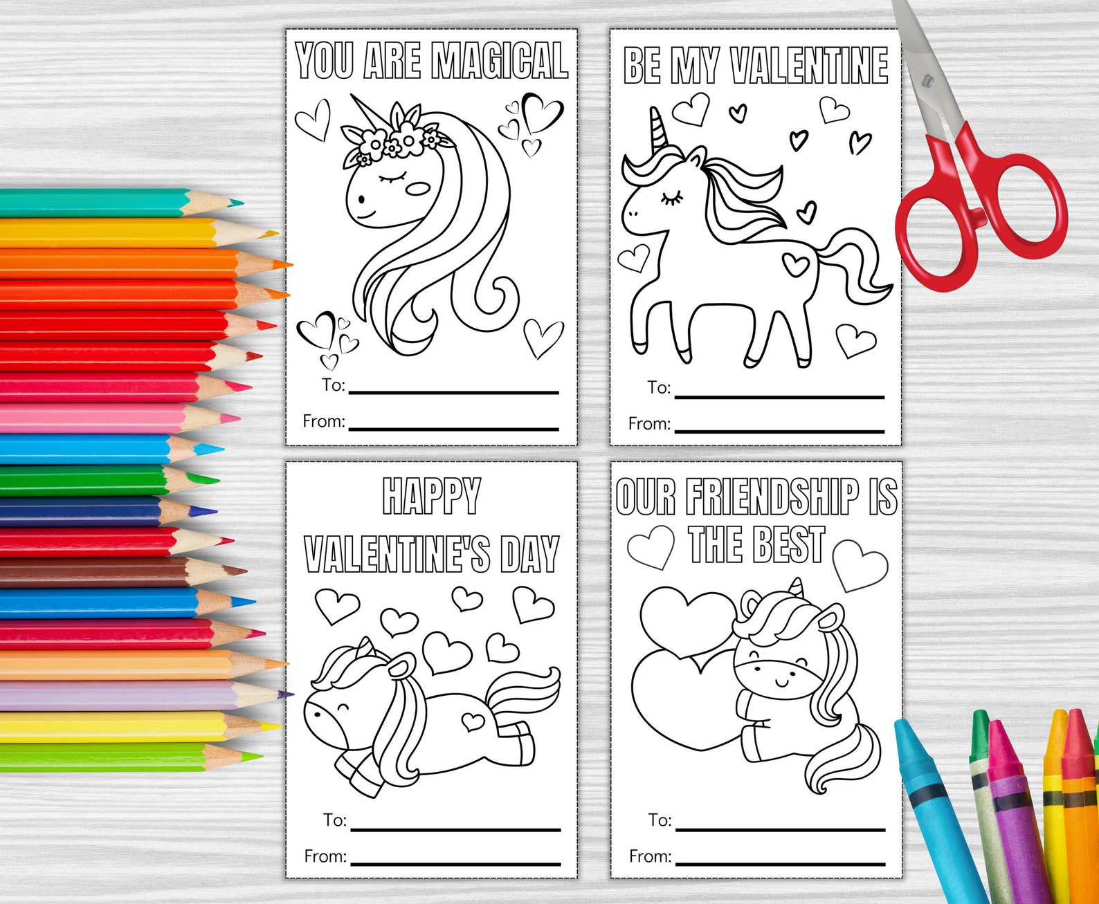 Unicorn Coloring Valentine's Day Cards, Printable Valentine's Day Cards ...