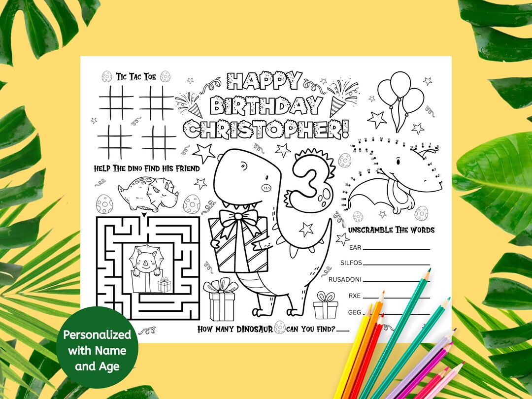 Dinosaur Birthday Coloring Placemat for Kids, Personalized Dinosaur ...
