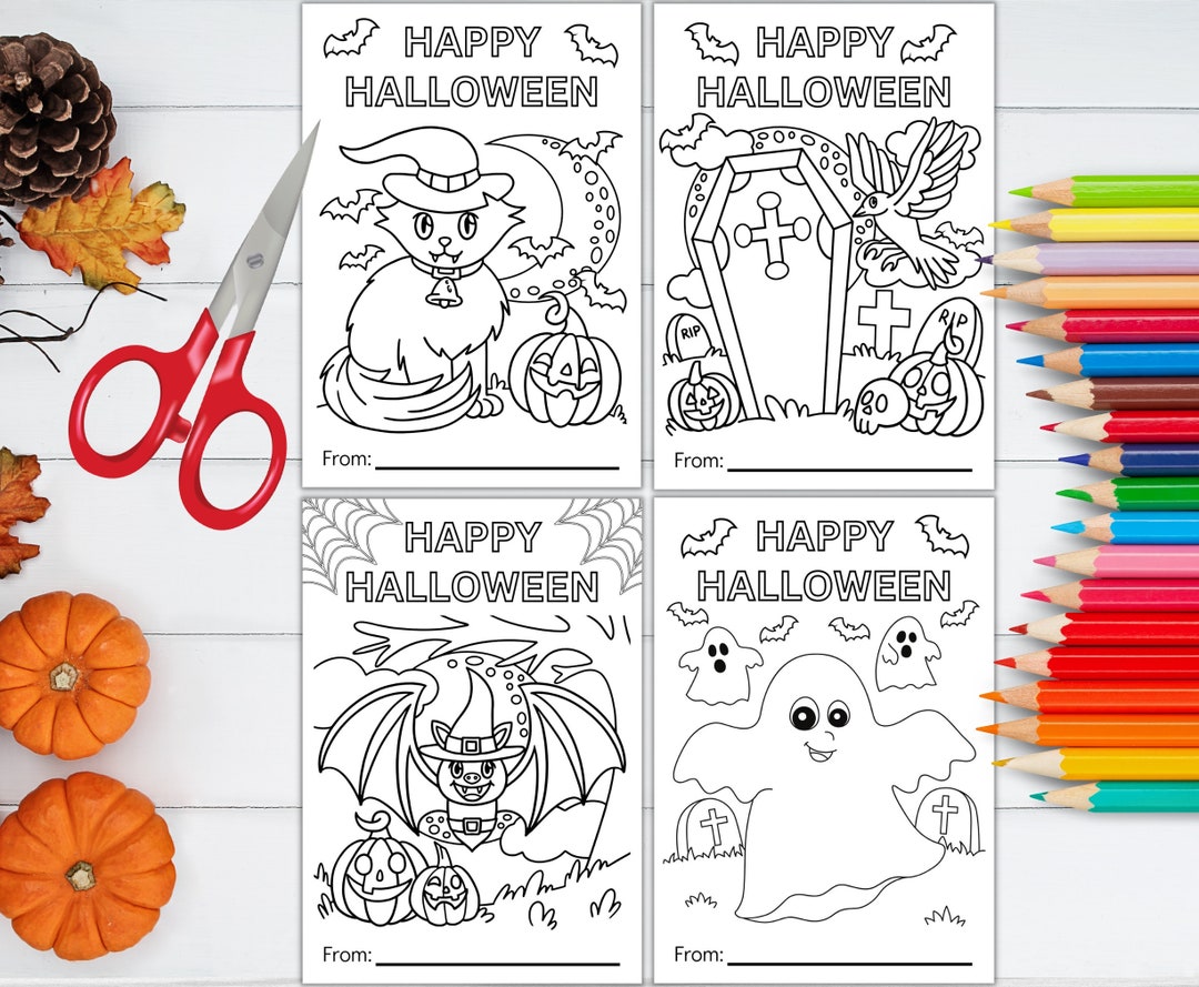 Kids Happy Halloween Coloring Cards Printable Halloween - Etsy