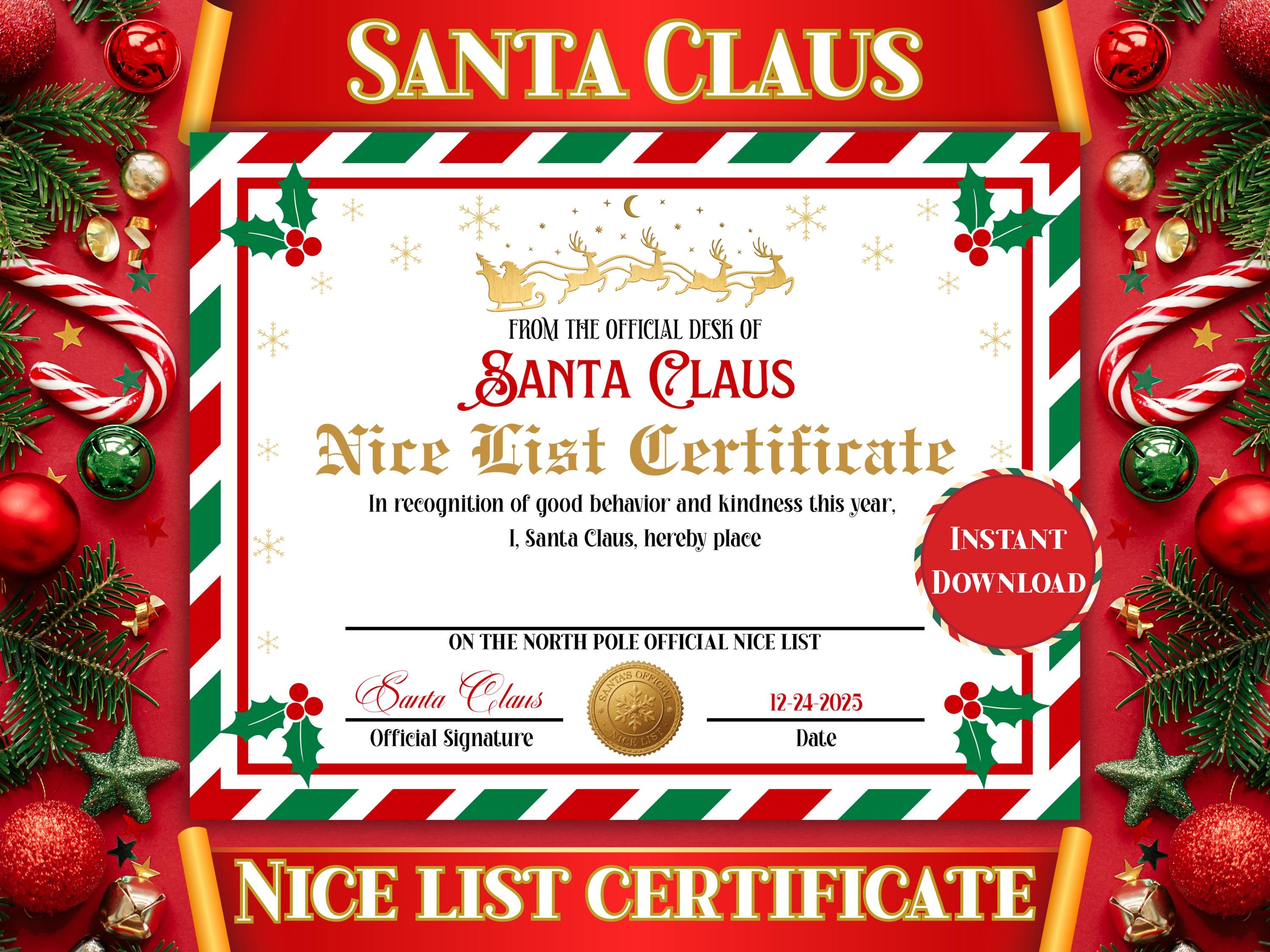 Nice List Certificate From Santa Claus, Santa Nice List Certificate ...