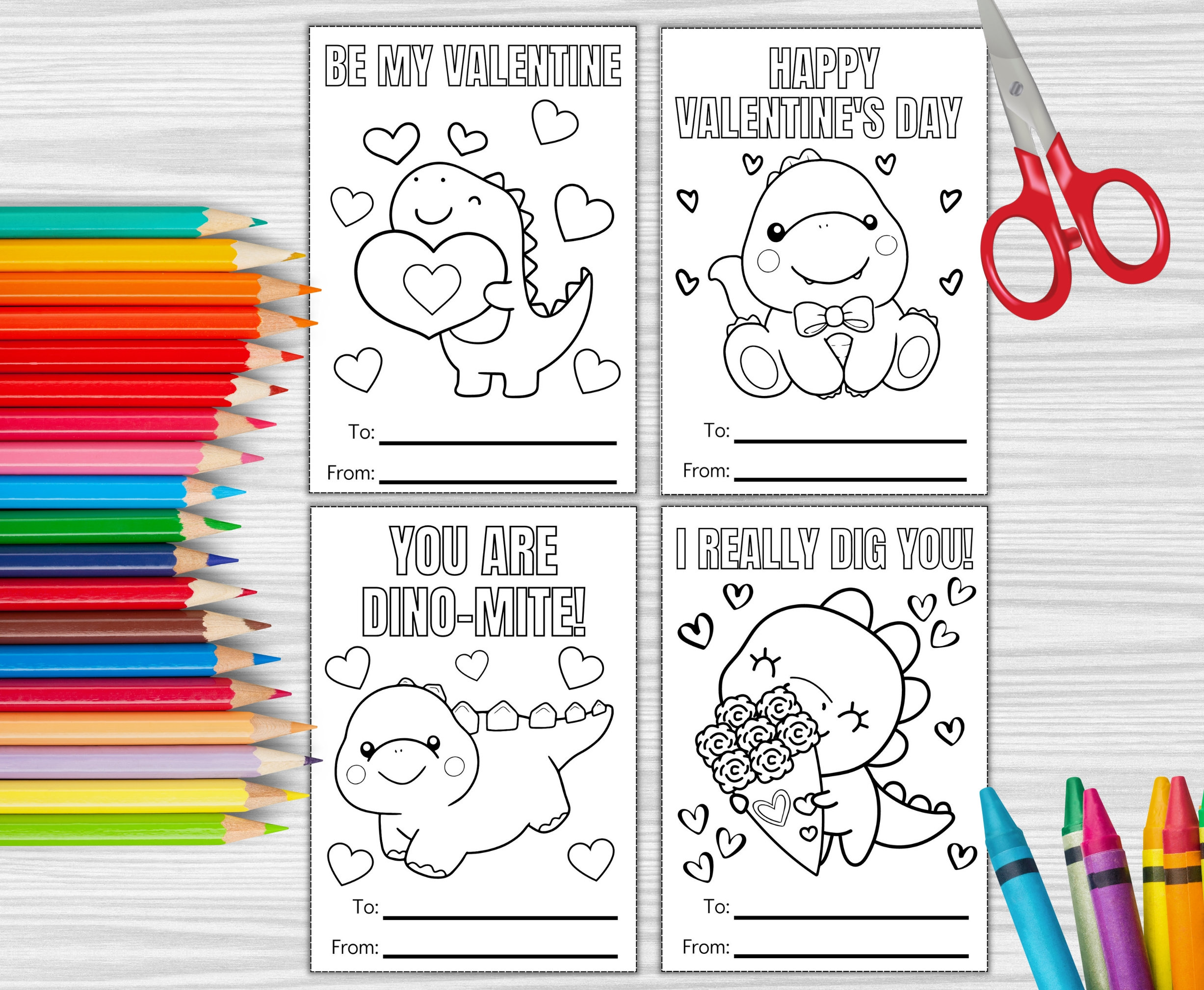 Dinosaur Valentine's Day Coloring Cards: Kids Printable Valentines (PDF ...