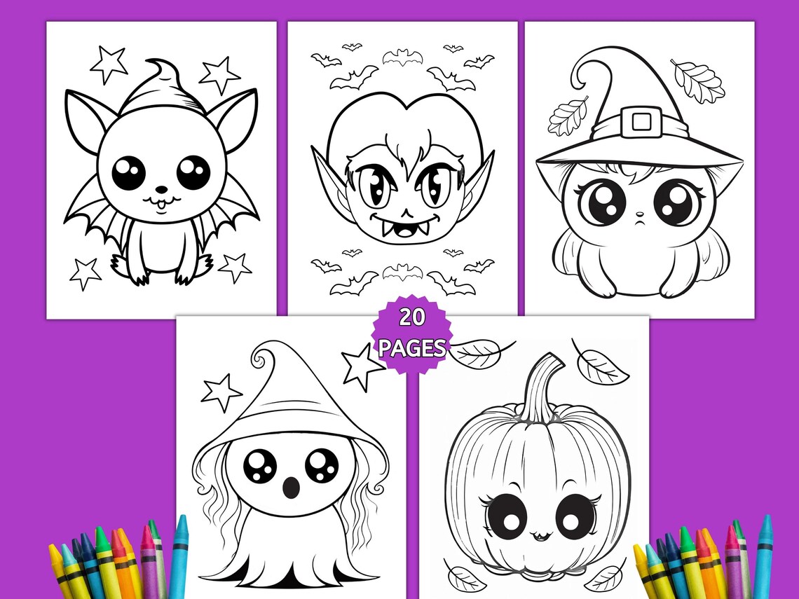 20 Kawaii Halloween Coloring Pages for Kids, Printable Halloween ...