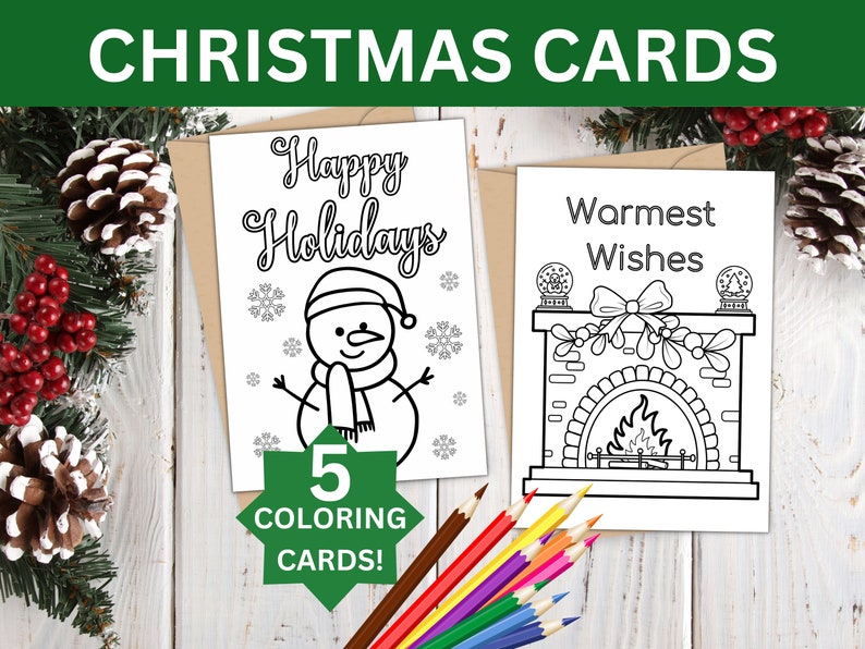 Christmas Coloring Cards, 5 Printable Holiday Cards, Kids Coloring ...