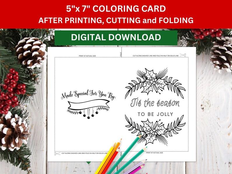 Printable Christmas Coloring Card, Kids Christmas Card, DIY Christmas ...