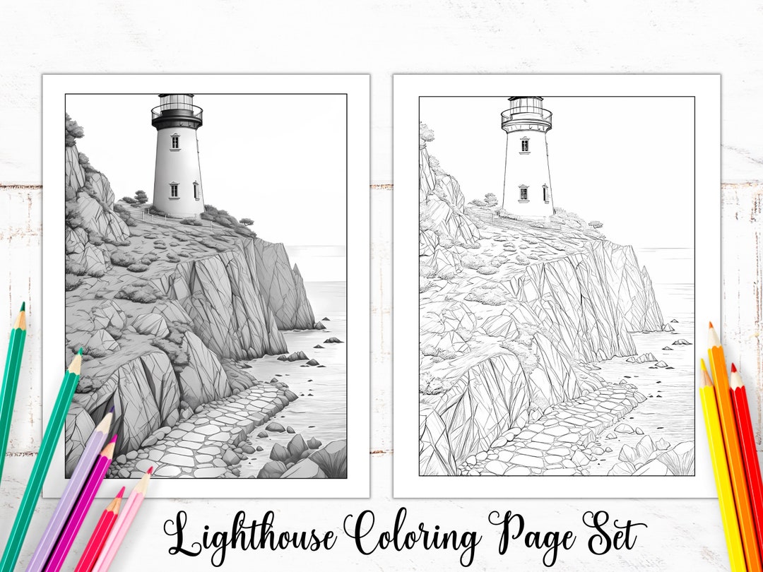 Lighthouse Coloring Page Set Printable Grayscale Lighthouse - Etsy