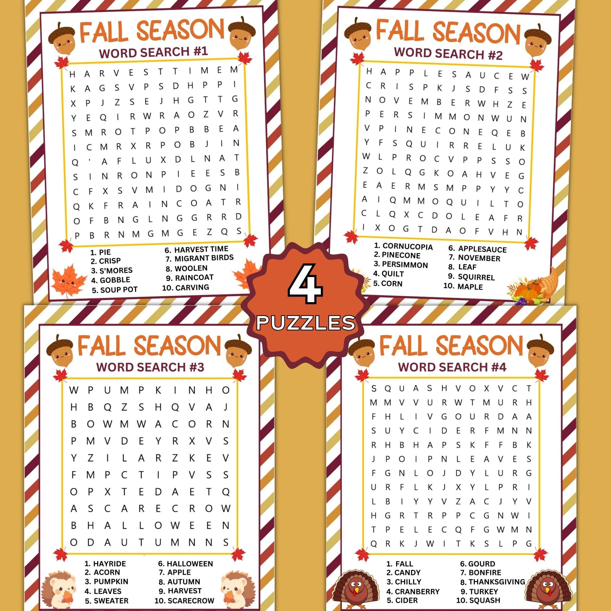 Fall Season Word Search Game Set, Thanksgiving Word Search Game, Autumn ...