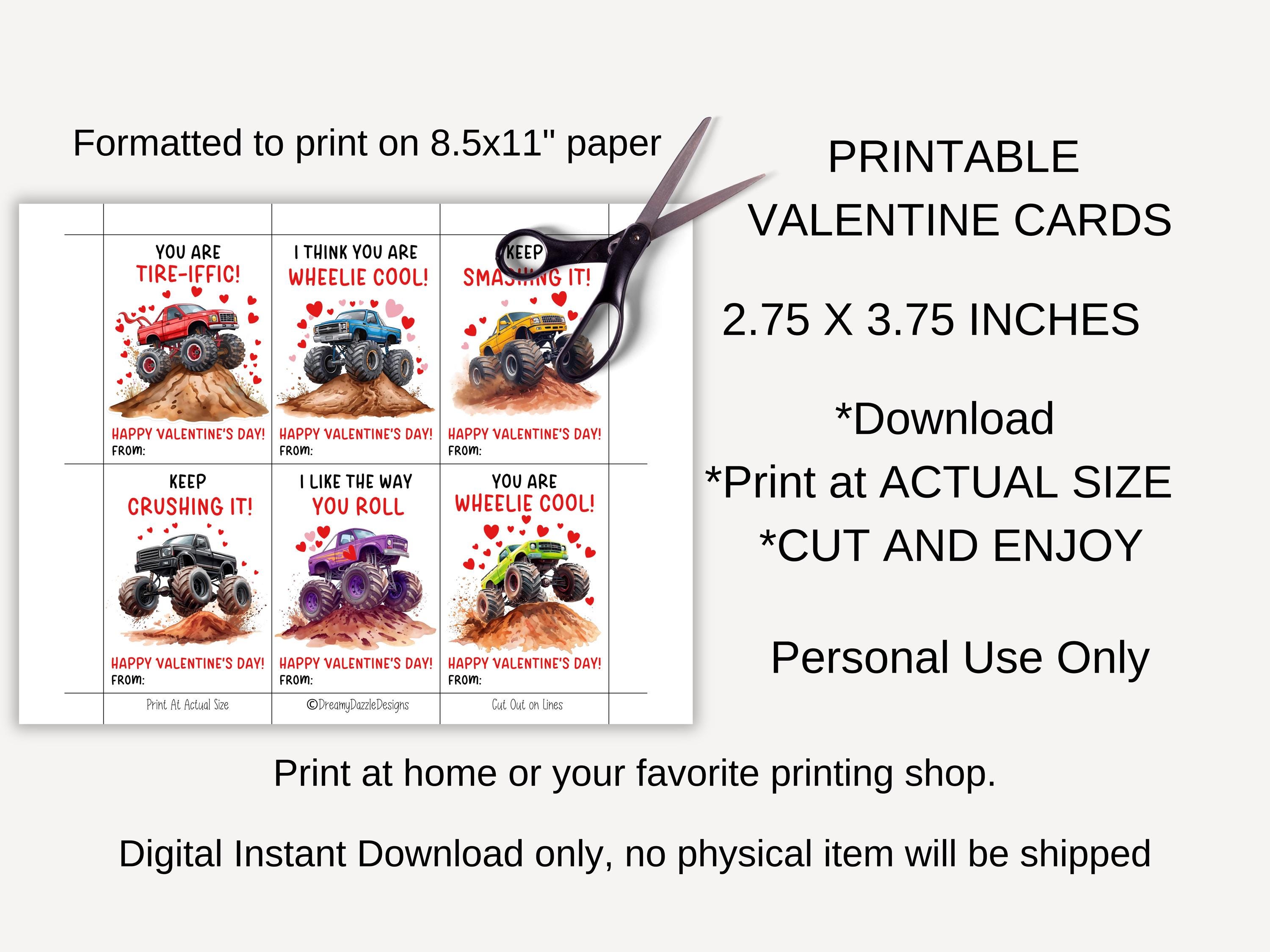 Monster Truck Valentine Cards for Kids. Printable Classroom Valentines ...