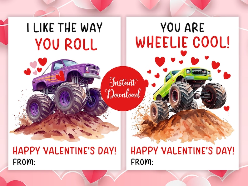 Monster Truck Valentine Cards for Kids. Printable Classroom Valentines ...