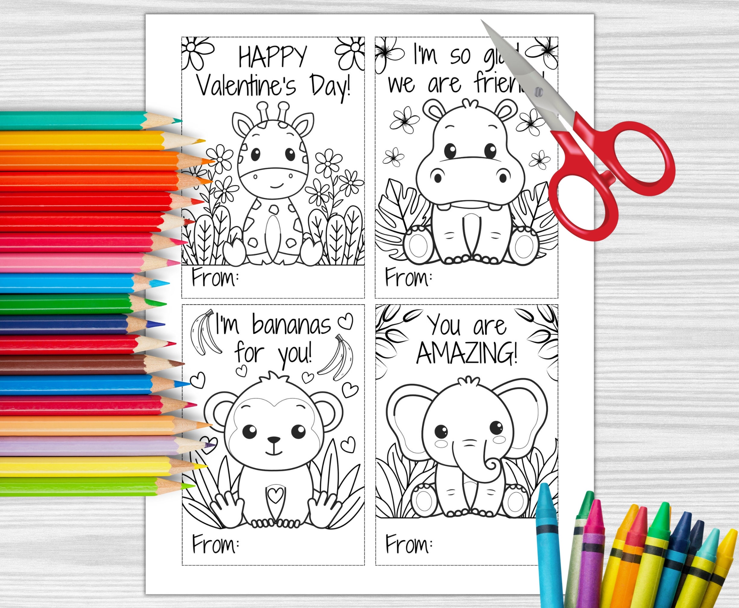 Safari Animal Valentine's Day Coloring Cards for Kids, Printable ...