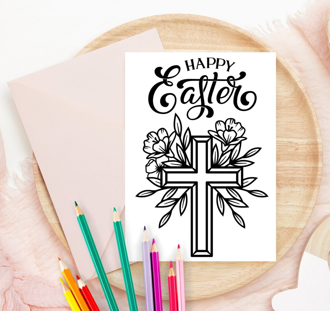 Happy Easter Coloring Card Printable, Kids Easter Cross Card, DIY ...