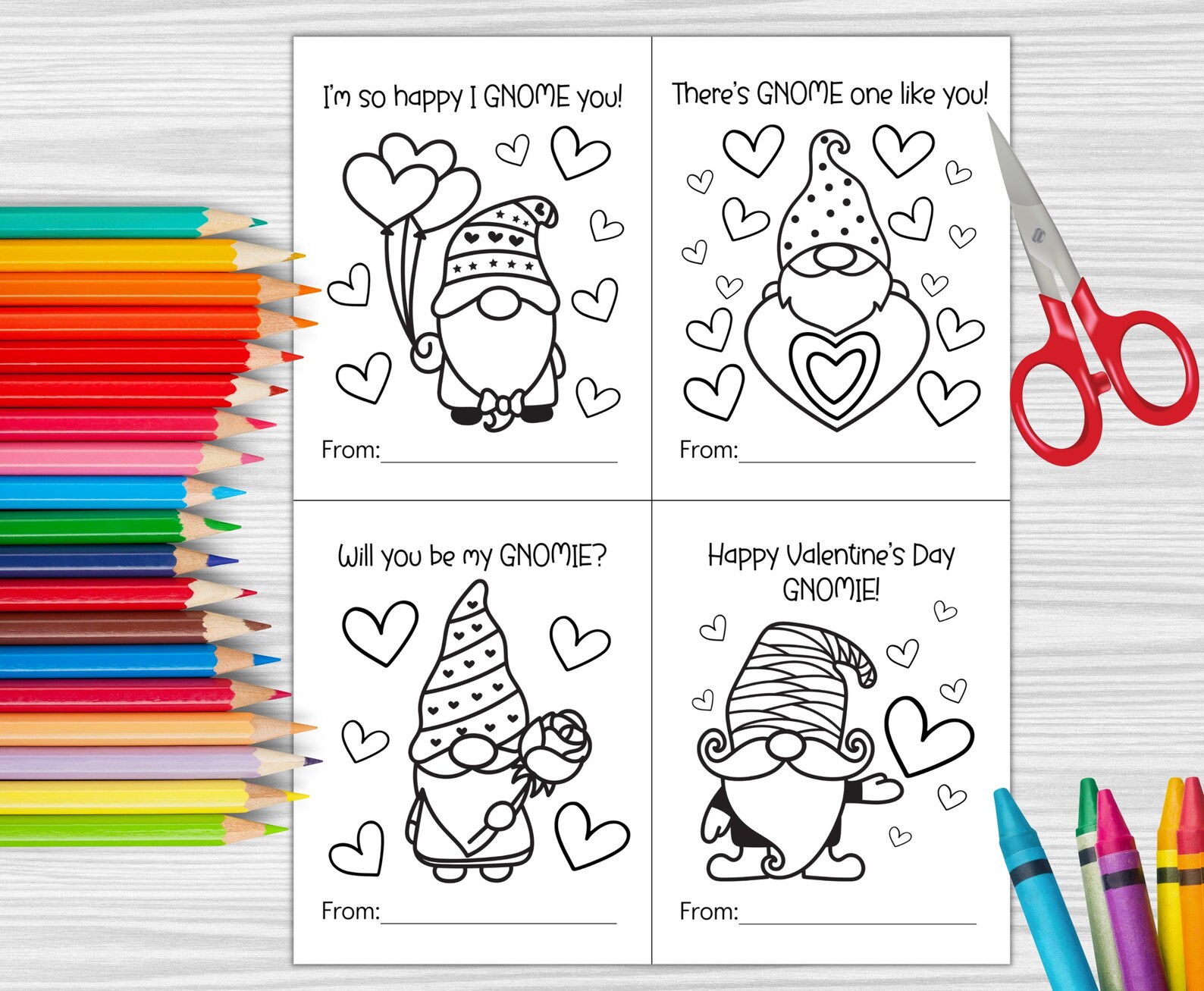 Gnome Coloring Valentine's Day Cards, Printable Valentine's Day Cards ...