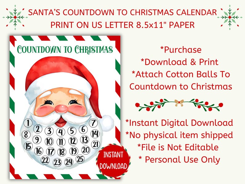 Santa Countdown to Christmas Calendar for Kids, Printable Santa's Beard ...