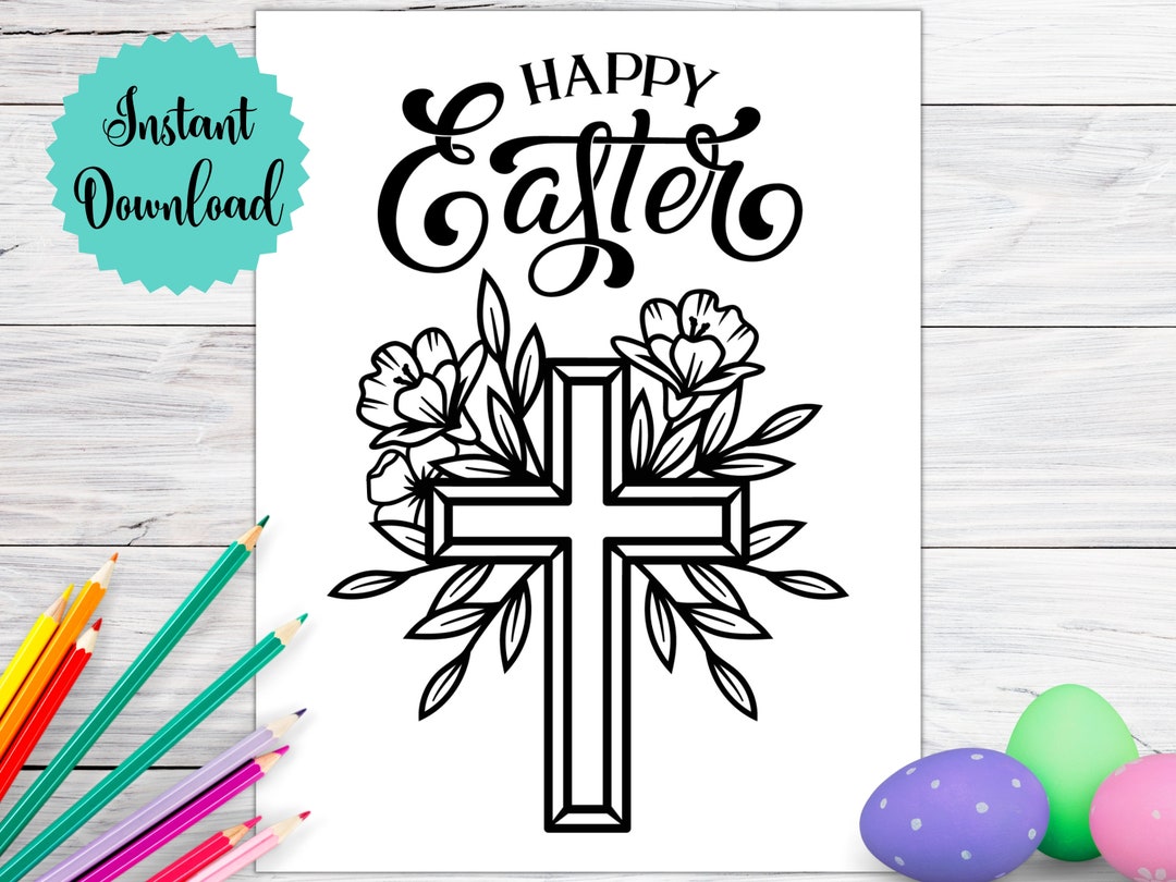 Happy Easter Floral Cross Coloring Page, Printable Easter Coloring ...