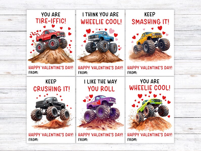 Monster Truck Valentine Cards for Kids. Printable Classroom Valentines ...