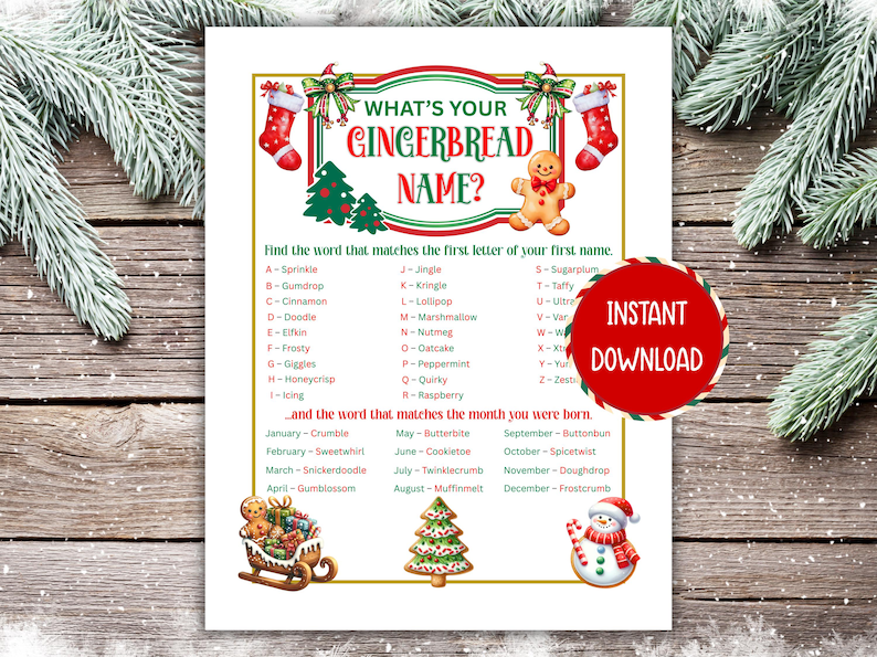 What’s Your Gingerbread Name Game, Find Your Gingerbread Name Party ...