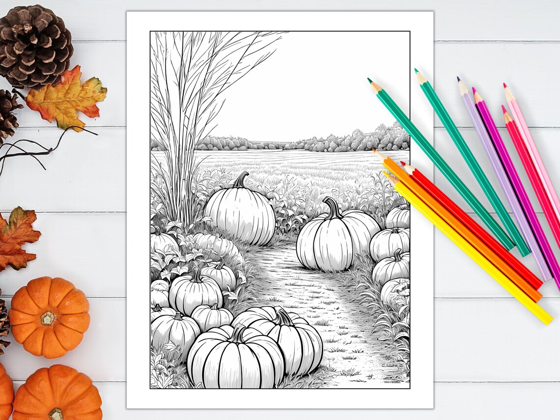 Autumn Field Coloring Page for Adults, Grayscale Fall Pumpkins Coloring ...