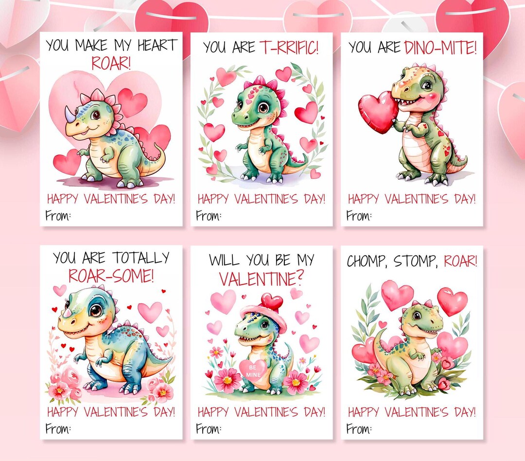 Dinosaur Valentine Cards for Kids, Printable Valentine's Day Cards ...