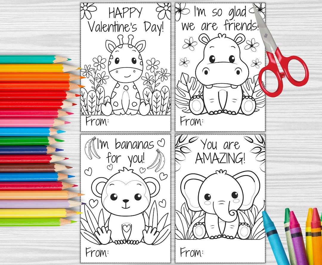 Safari Animal Valentine's Day Coloring Cards for Kids, Printable ...