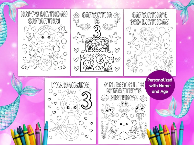 Personalized Mermaid Birthday Coloring Pages, Printable Birthday ...