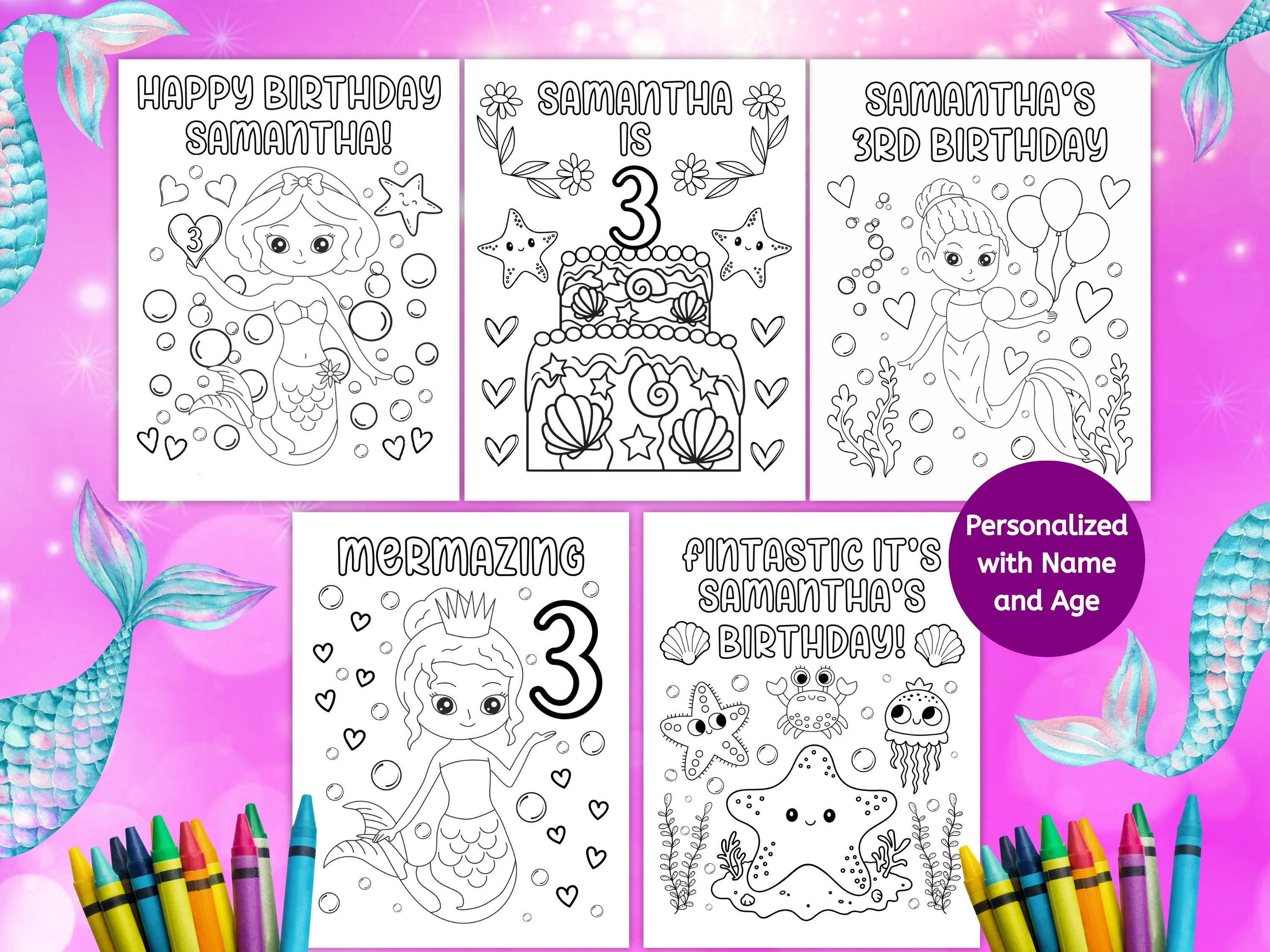 Personalized Mermaid Birthday Coloring Pages: Kids Party Activity ...