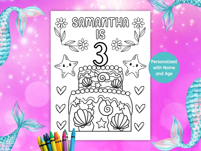 Personalized Mermaid Birthday Coloring Pages, Printable Birthday ...