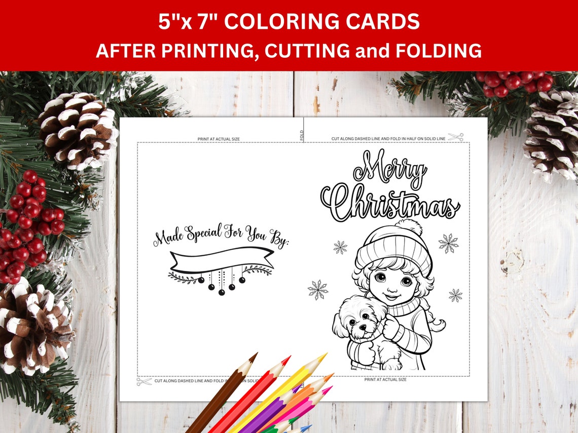 Christmas Coloring Cards, 5 Printable Holiday Cards, Kids Coloring ...