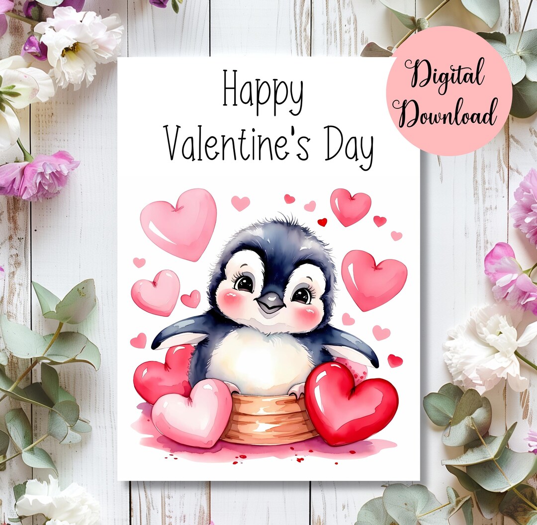 Penguin Valentines Day Card, Printable Valentines Day Card, DIY ...