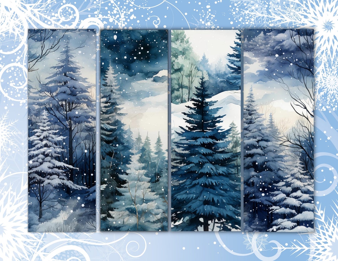 Snowy Forest Bookmark Set of 4, Watercolor Winter Bookmarks, Pine Tree ...