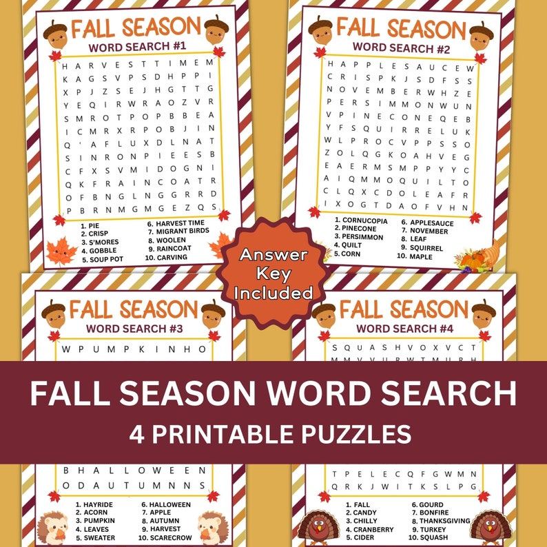Fall Season Word Search Game Set, Thanksgiving Word Search Game, Autumn ...