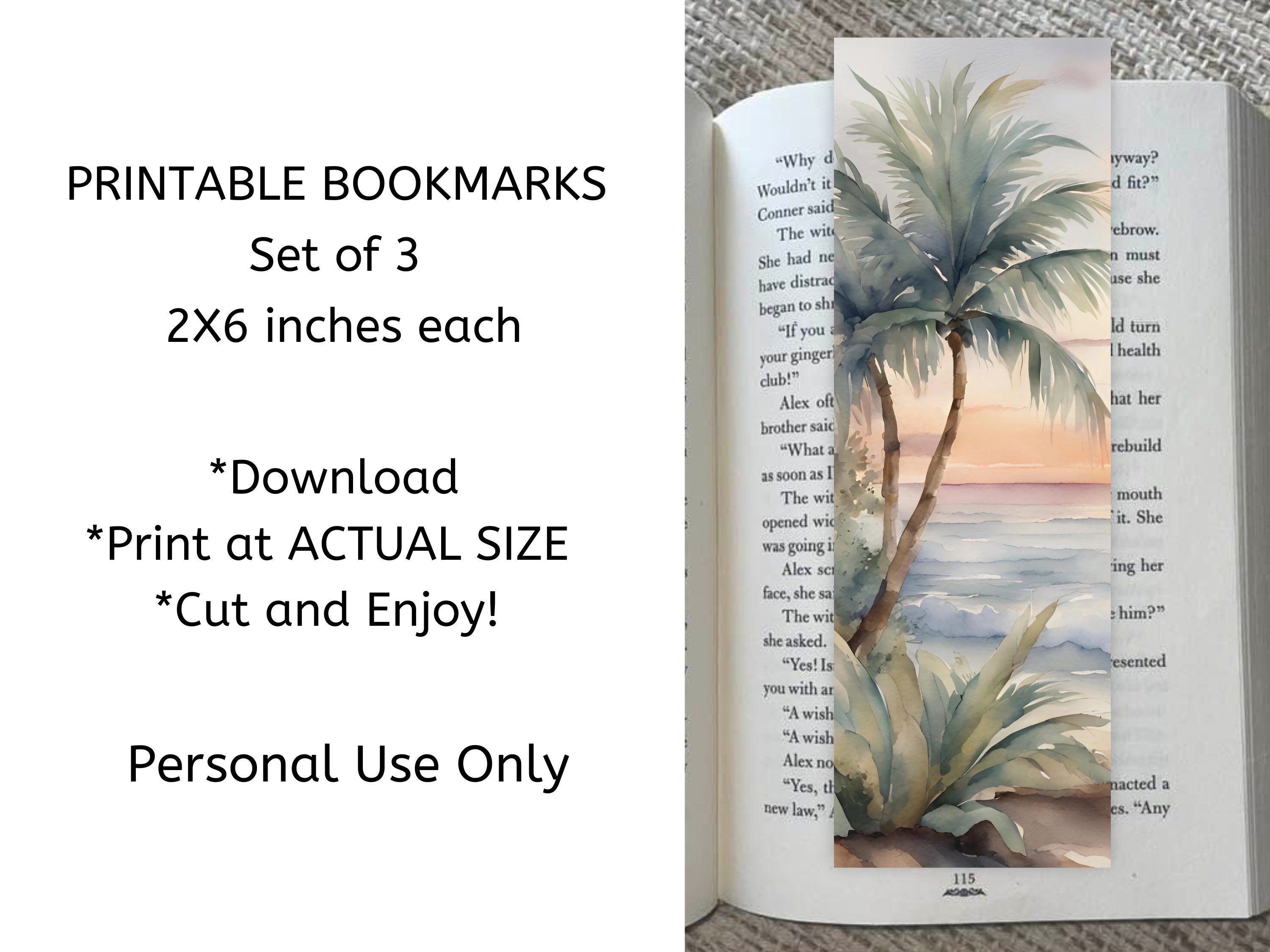 Tropical Ocean Sunset Bookmarks Set of 3, Printable Watercolor Beach ...