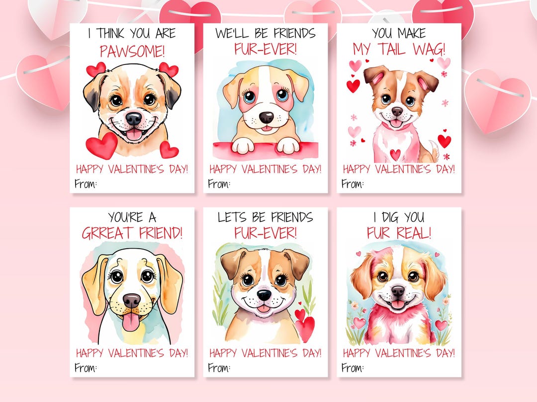 Dog Valentine Cards for Kids, Printable Classroom Valentines, Puppy ...