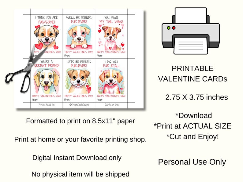 Dog Valentine Cards for Kids, Printable Classroom Valentines, Puppy ...
